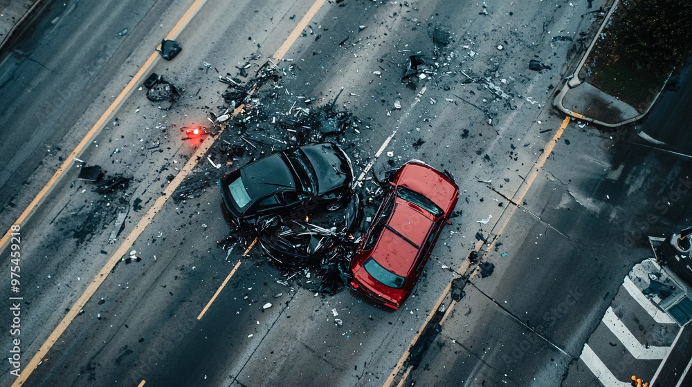Intersection crash with two cars smashed together, broken traffic ...