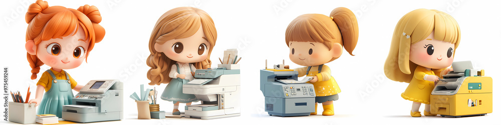 Cute animated characters using printers in an office supply scene Stock ...