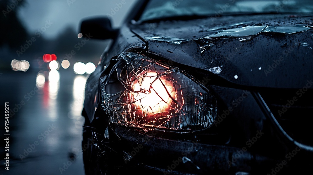 Damaged headlights with cracks running through the glass, close-up shot ...