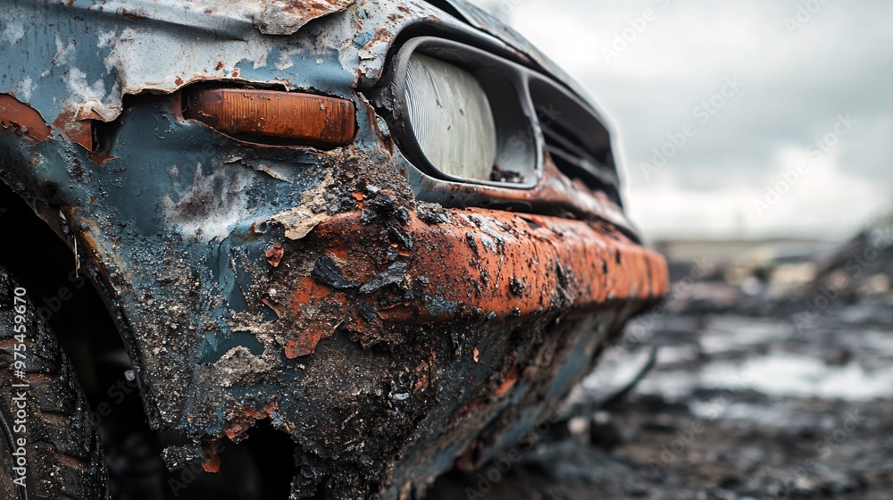 Damaged bumper with severe impact marks, zoomed-in detail of the ...