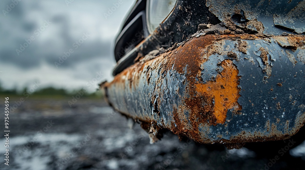 Damaged bumper with severe impact marks, zoomed-in detail of the ...