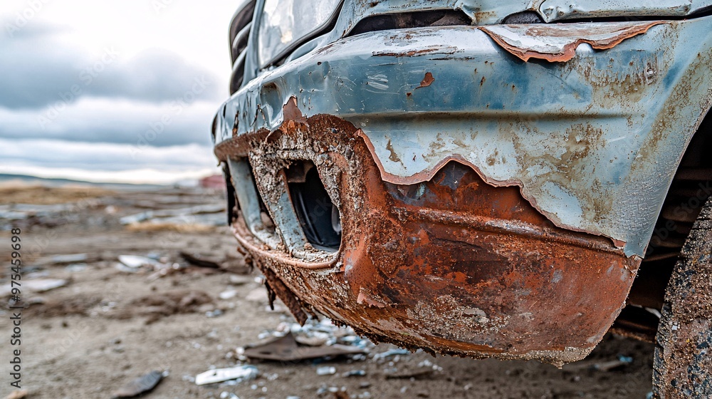 Damaged bumper with severe impact marks, zoomed-in detail of the ...