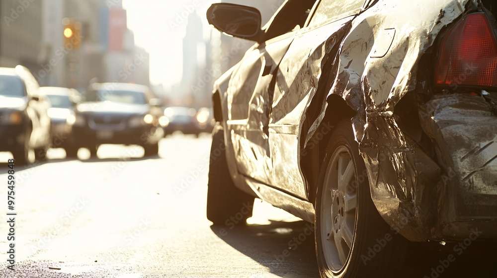 Insurance claim photo being taken of a damaged car, camera in focus ...