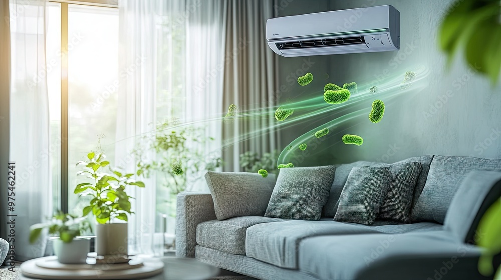 Living room with an air conditioner emitting cool, clean air that ...