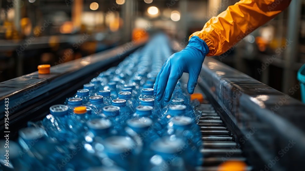 Worker Sorting Plastic Waste on Conveyor Belt, Separating Bottle Caps ...