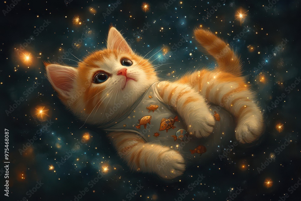 whimsical illustration of a mischievous space cat floating in zero ...