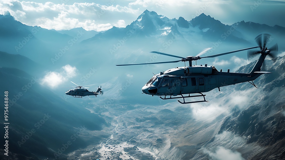 Operation Rescue: Helicopters in Action over Mountainous Terrain ...