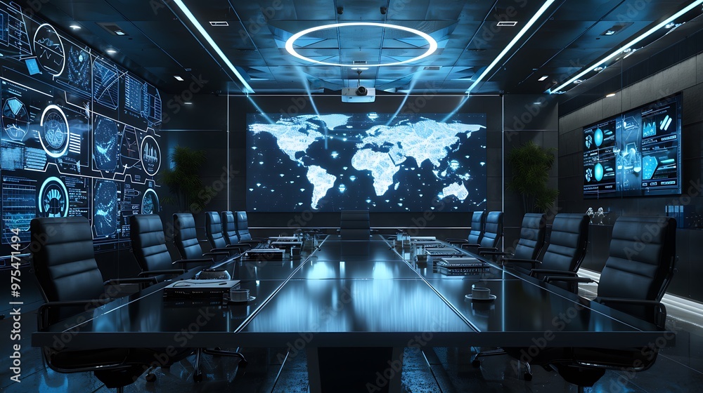 A high-tech business meeting room with digital dashboards and immersive ...