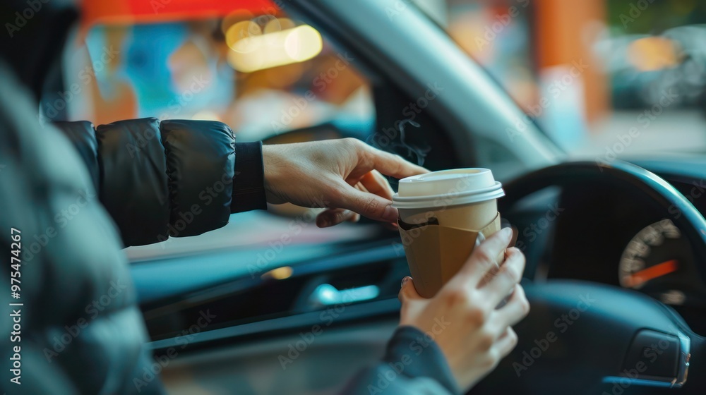 Hand Man in car receiving coffee in drive thru fast food restaurant ...