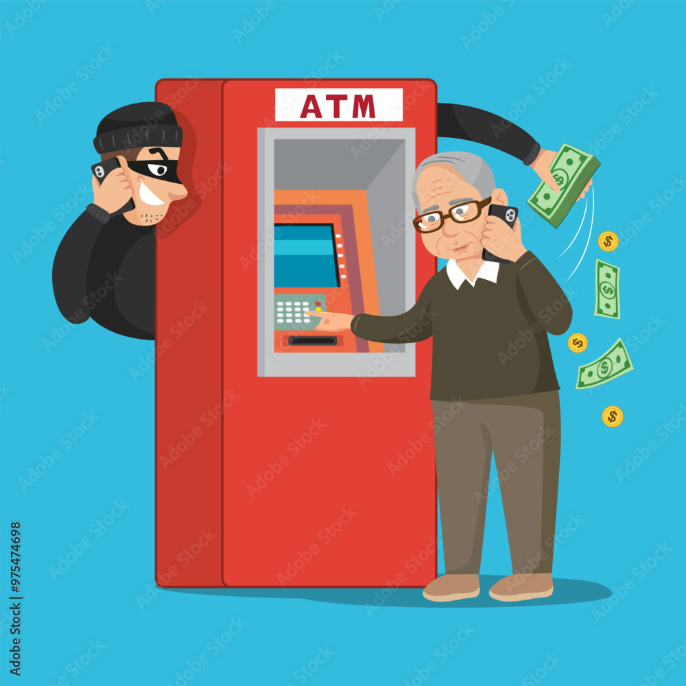 Scammer phone frauding stealing money old man. Hacker cyber smartphone ...