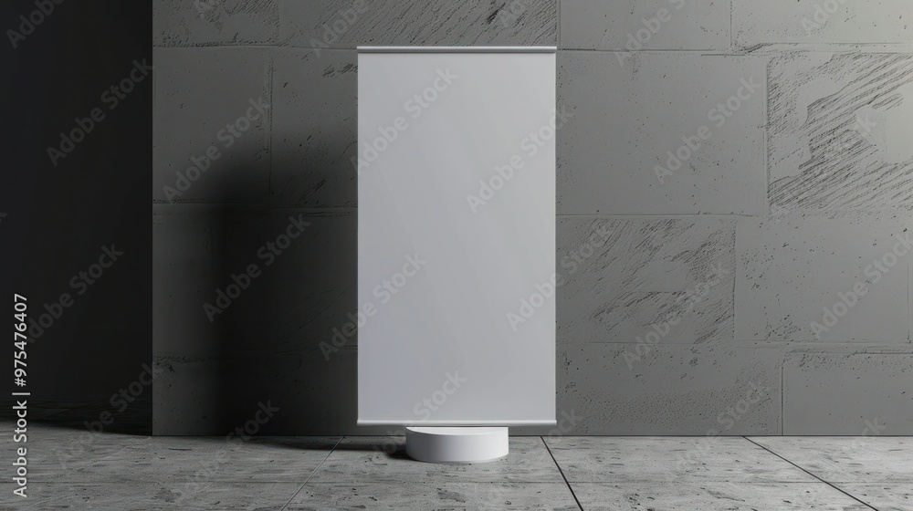 Mockup of a contemporary white advertising booth with a blank vertical ...