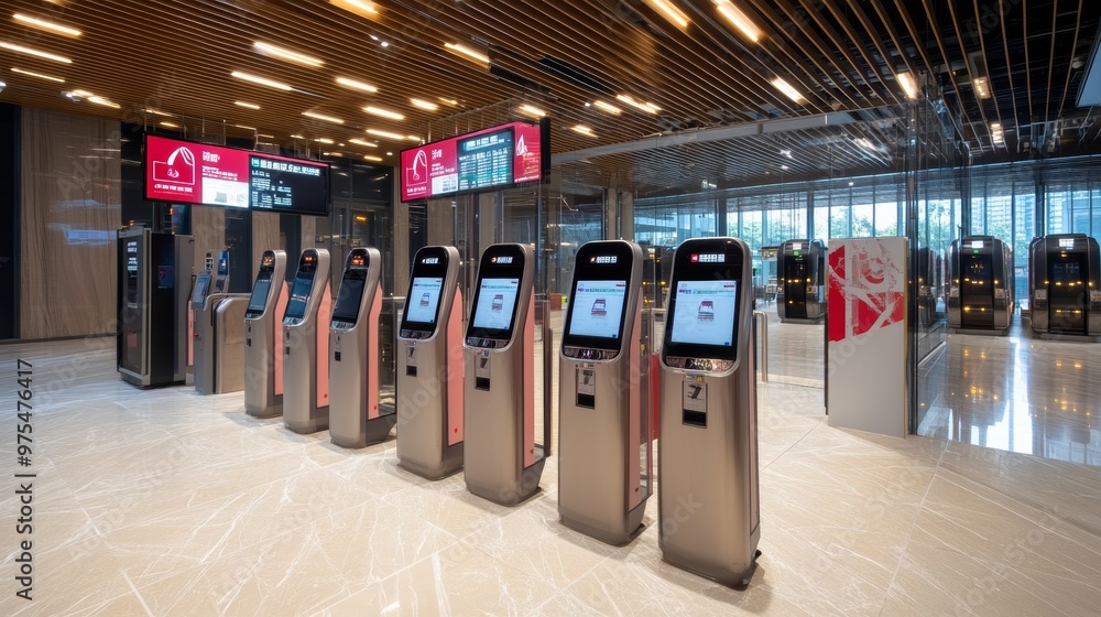 A transportation hub showcases advanced digital ticketing kiosks ...