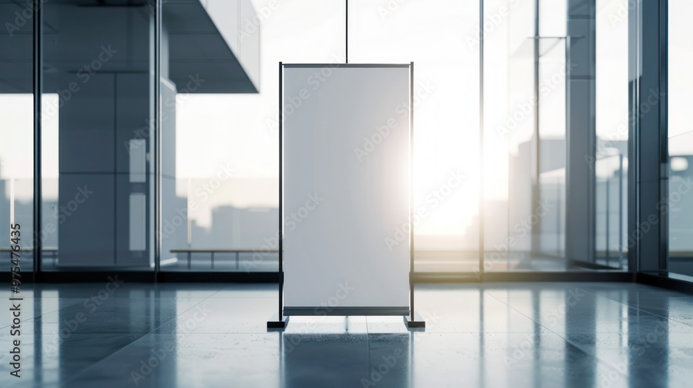 Mockup of a contemporary white advertising booth with a blank vertical ...