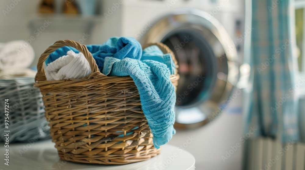 Overflowing Laundry Basket Next to Washing Machine with Clean Clothes ...