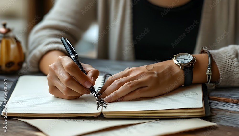 female hands writing in a notebook with a pen, filling out paperwork on ...