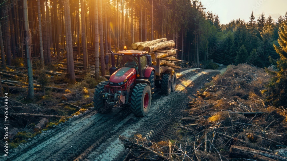 Transporting raw timber with wheeled harvesters in forest clearing ...