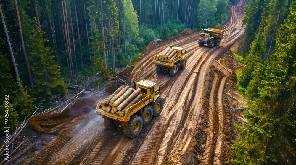 Transporting raw timber with wheeled harvesters in forest clearing ...