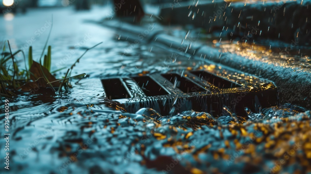 Urban Rainwater Flowing into City Storm Drain from Downpipe. Concept ...