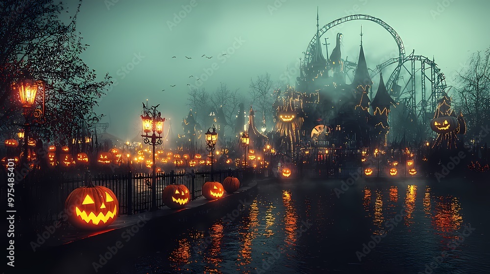 Spooky Halloween scene with glowing pumpkins and eerie amusement park ...