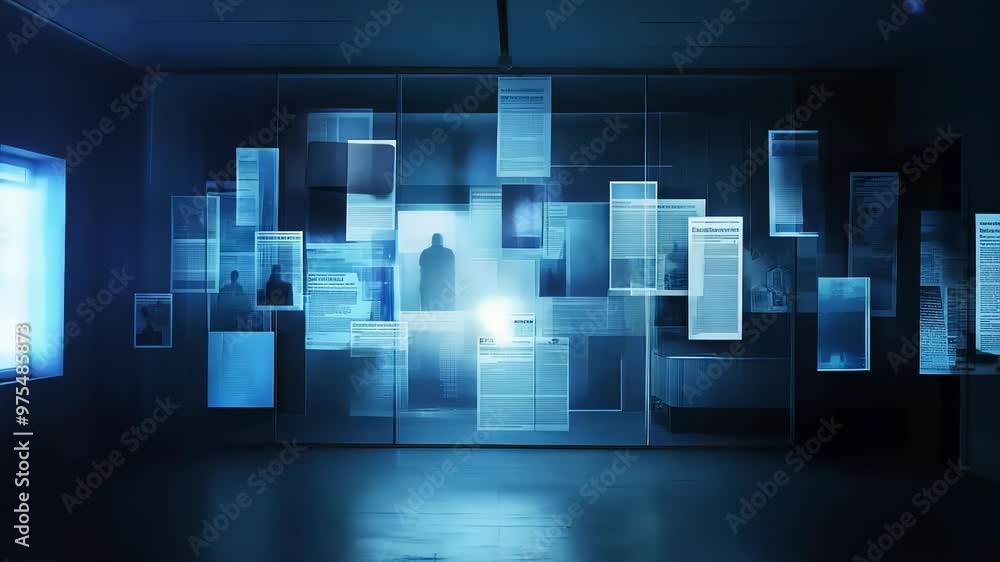 Dark room illuminated by glowing digital screens. Floating translucent ...