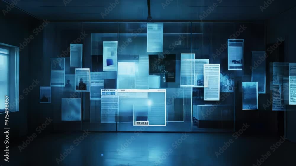 Dark room illuminated by glowing digital screens. Floating translucent ...