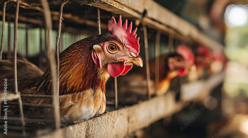 Chickens are kept in cages inside a hen house. They eat from feeders ...