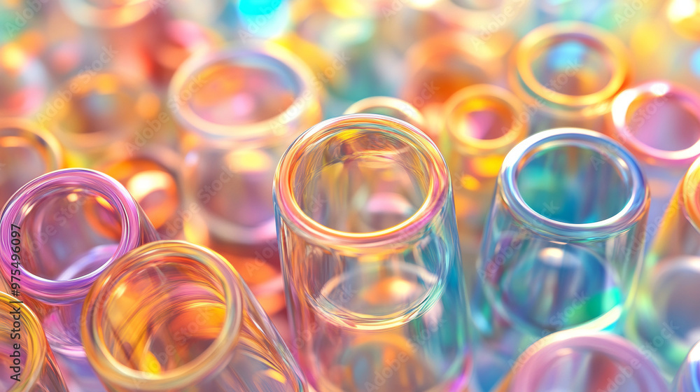 Colorful, see-through circles and tubes. These 3D shapes have a modern ...