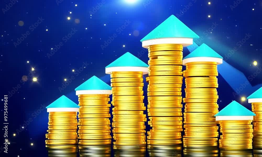 A real estate market graph with vibrant colors, two miniature houses on ...