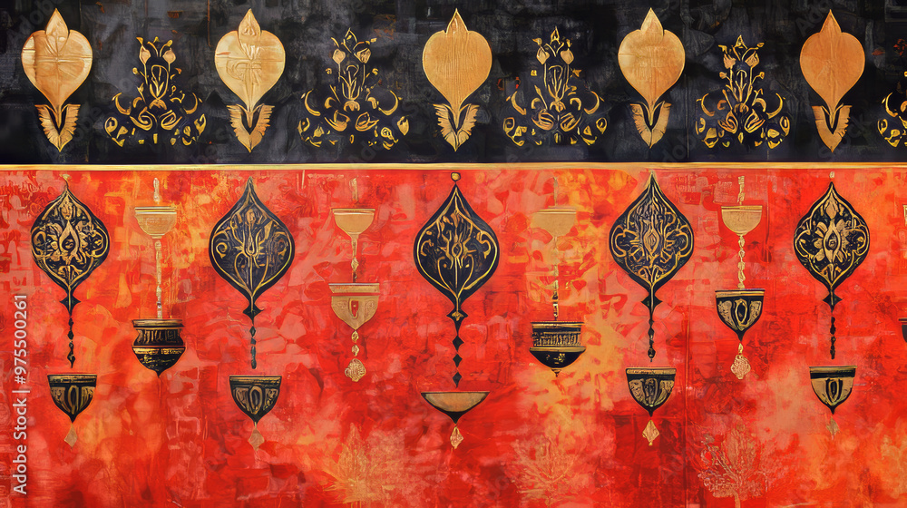 Iconic Arabian fabric adorned with symbols like tea and dates ...