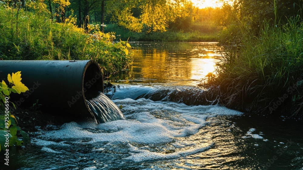 Industrial sewage pipe leaking polluted water into a river ...