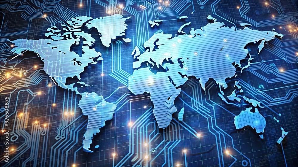 A digital world map with circuit board patterns overlaid, showing ...
