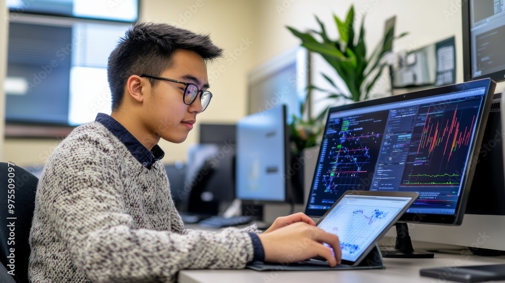 A student focuses on a tablet displaying a physics simulation ...