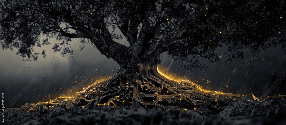 Black tree 2d illustration in a biomechanical style hand drawn design ...