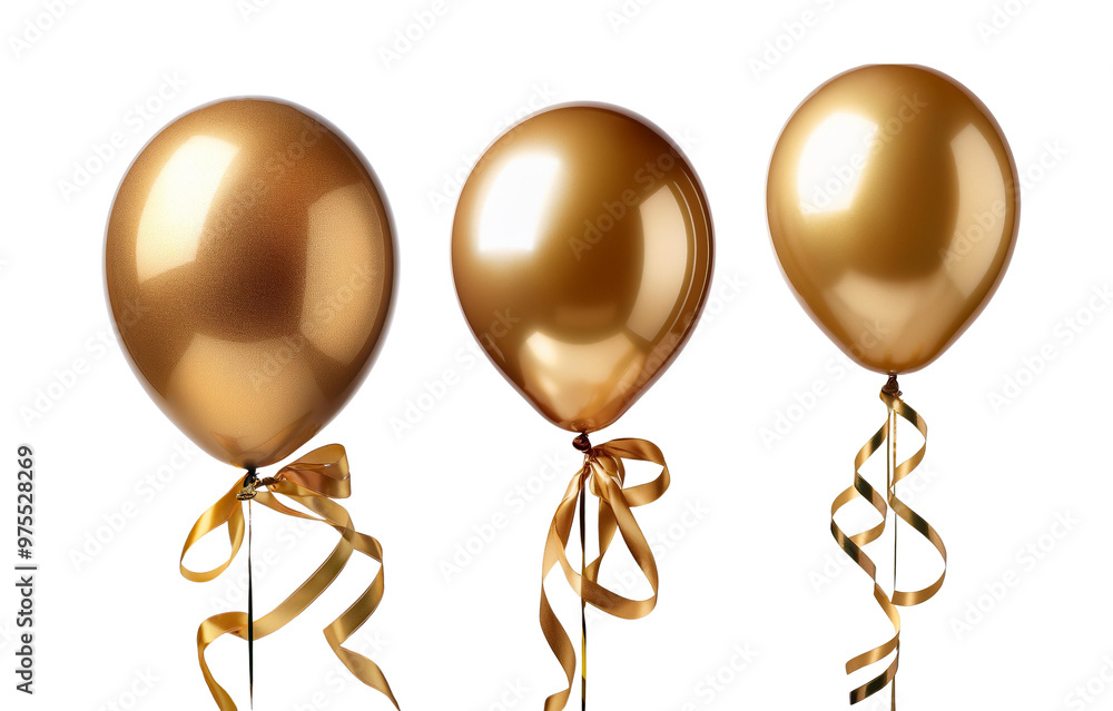 Three gold balloons with shiny surface and curly ribbons isolated on ...