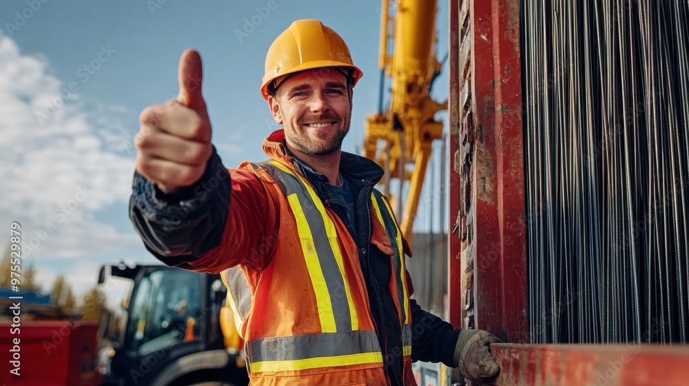 Construction worker gives thumbs up to crane driver after successfully ...