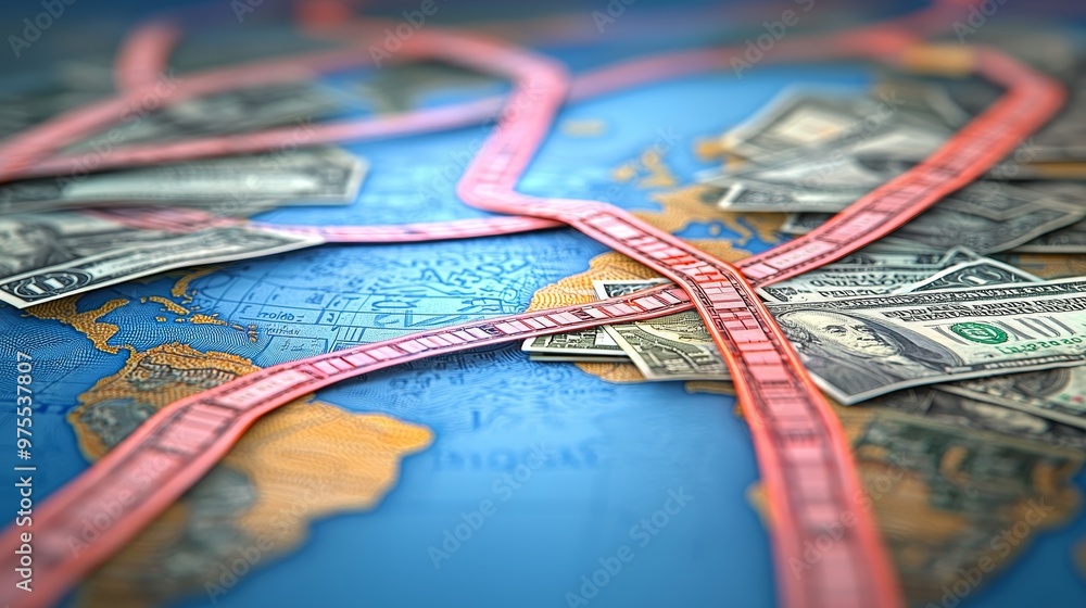 Red Tape on a World Map Surrounded by Dollar Bills, Global Economy ...