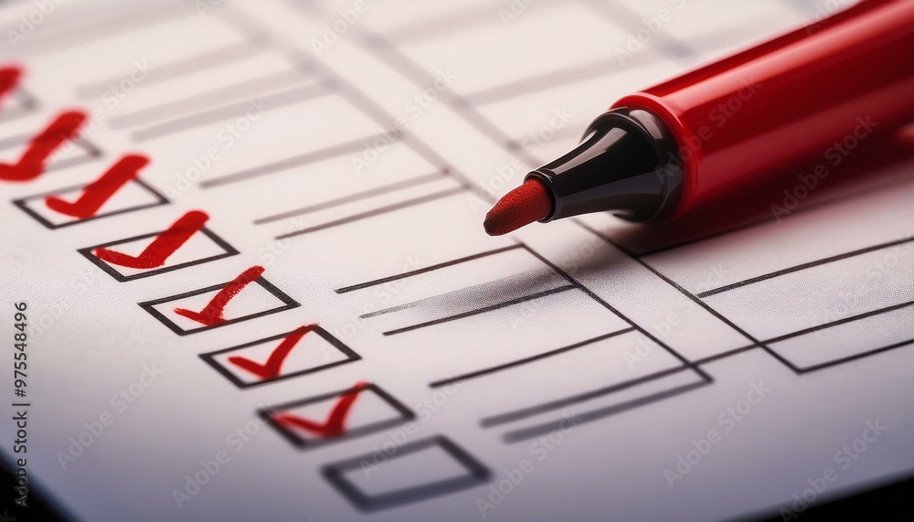 Red Pen Marking Checkbox on Paper Closeup , Closeup of a red pen ...