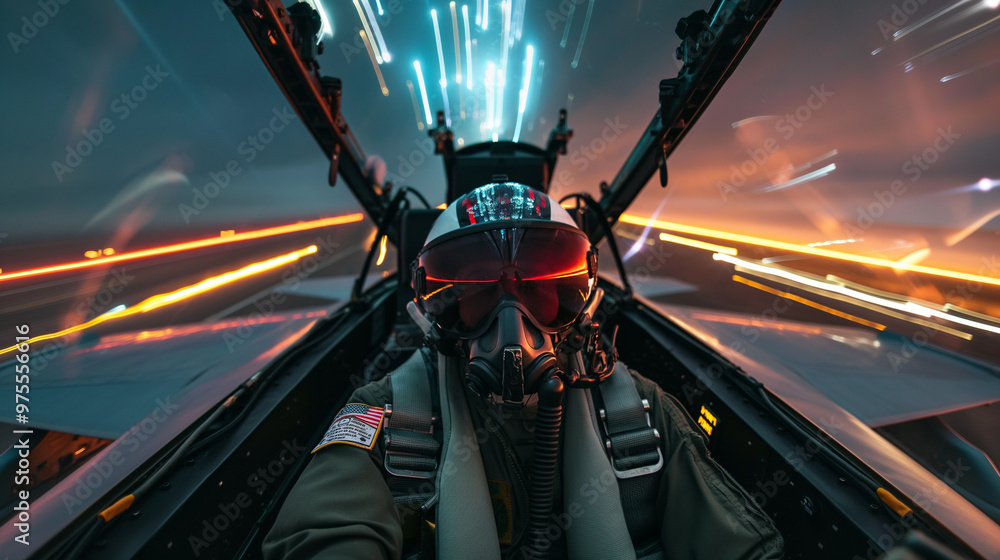 Pilot navigating through a high-speed tunnel of light from a cockpit ...