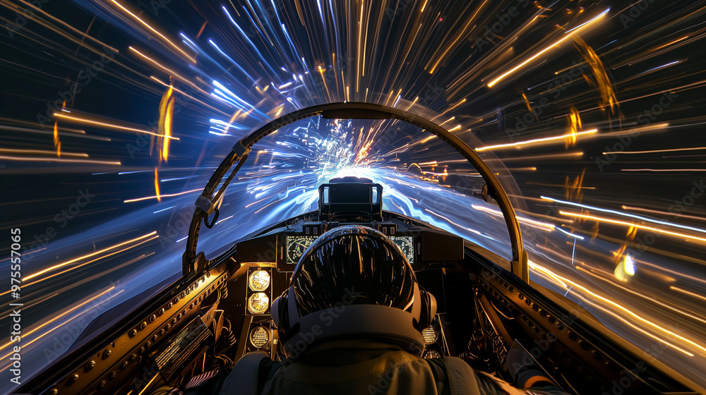 Pilot navigating through a high-speed tunnel of light from a cockpit ...