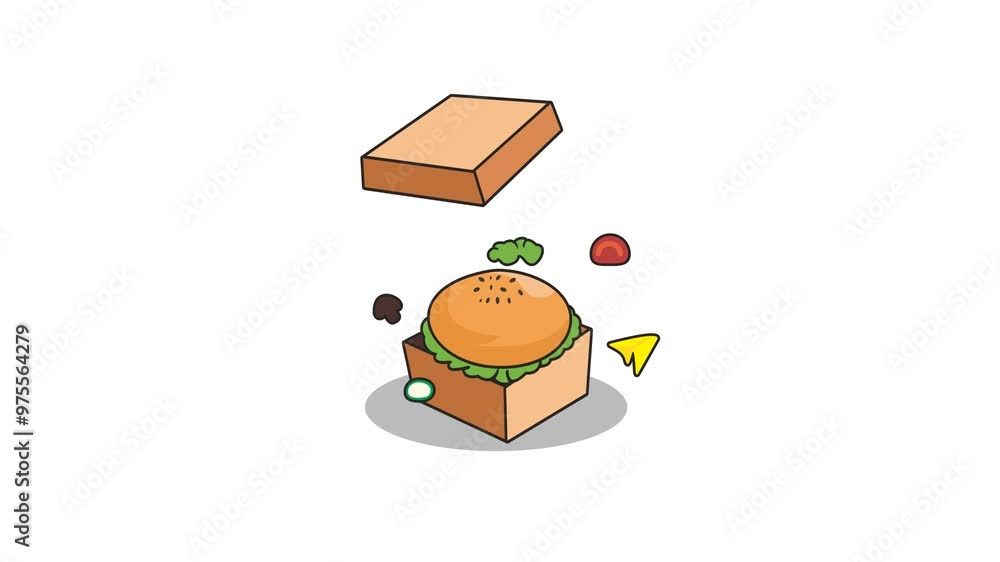 burger animation in the box popping out. slow motion, floating topping ...