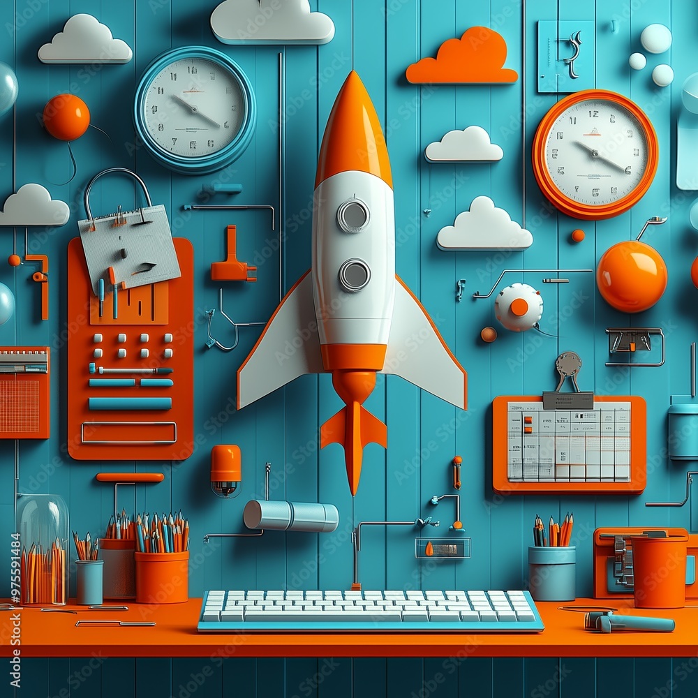 Vibrant workspace with a rocket model and creative tools, ideal for inspiration. Stock Photo ...