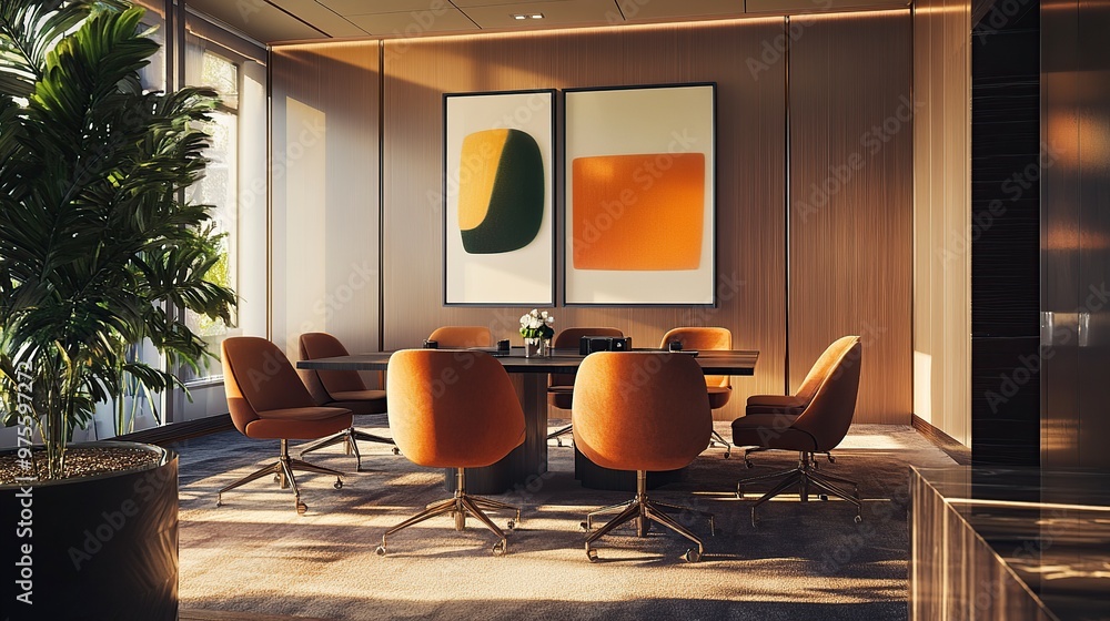 A modern conference room featuring stylish furniture and abstract art ...