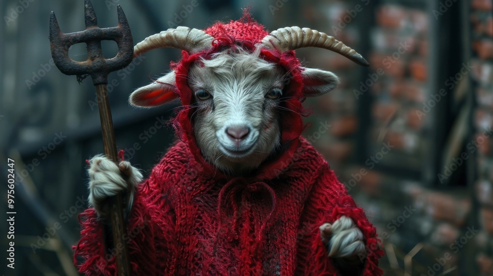 A peculiar and unsettling digital depicting an anthropomorphic goat ...