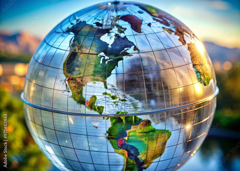 "Globe with transparent gridlines, labeled continents, oceans, and ...