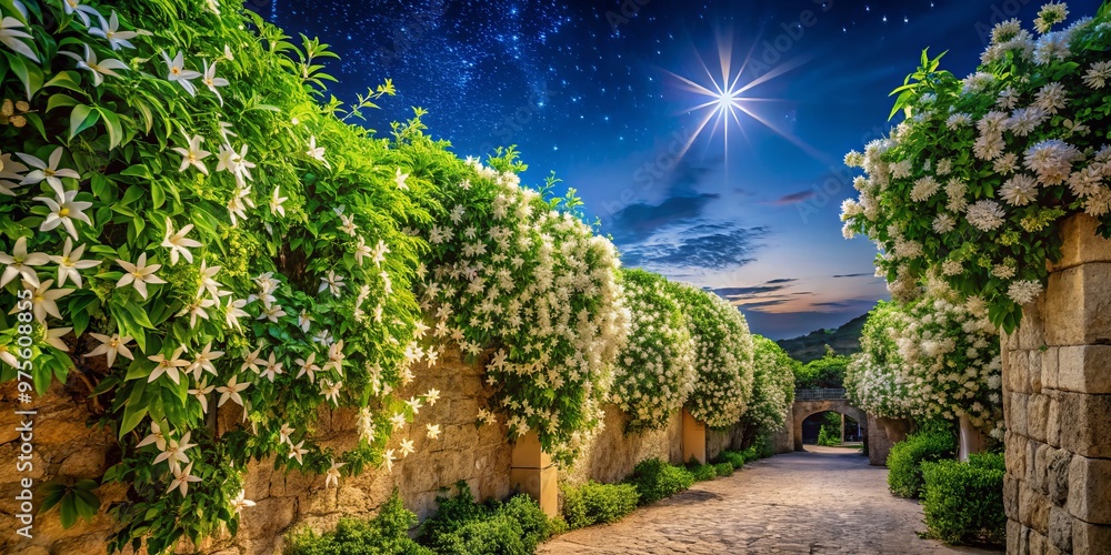 Fragrant night blooming jasmine vines draped over ancient stone walls ...