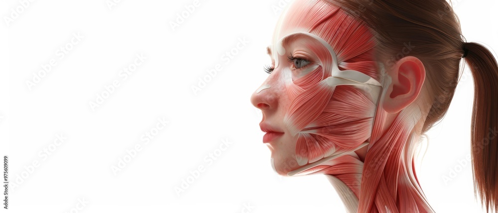 Detailed illustration of a woman's facial muscles, offering a glimpse ...