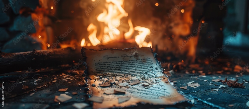 Raging flames engulfing a weathered wooden log in an outdoor night ...