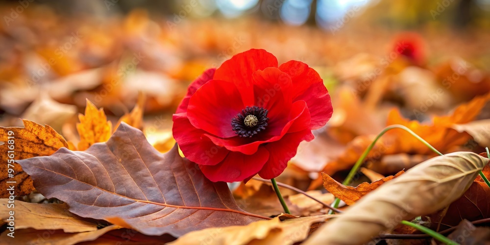 "A red poppy blooms amidst fallen leaves on a solemn November 11 ...