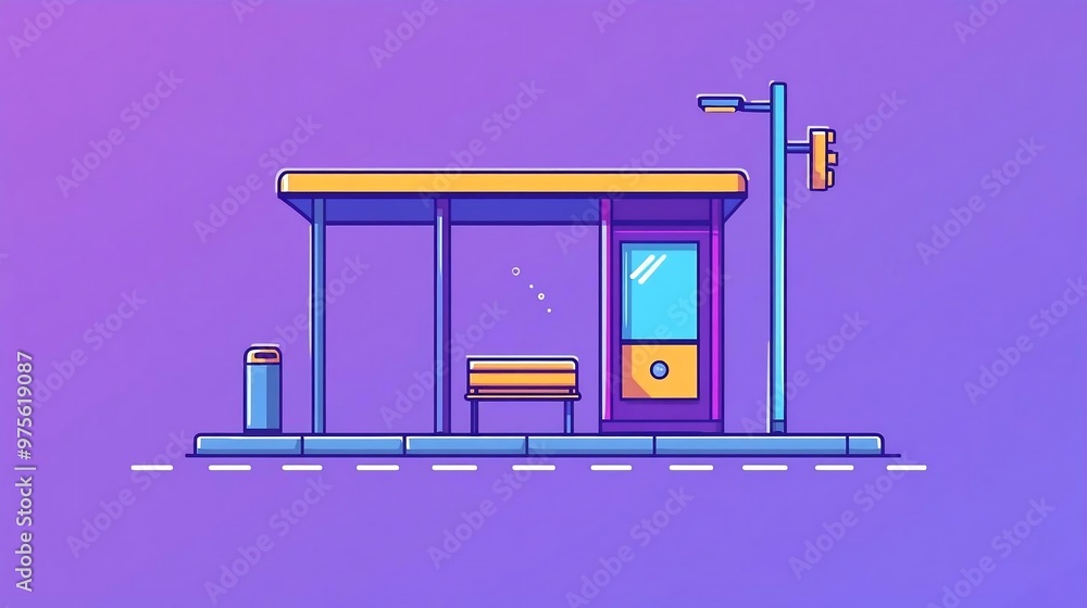 Cartoon Bus Stop Illustration with Purple Background Stock Illustration ...