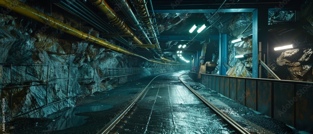 An underground passageway in a mining site, featuring steel beams ...